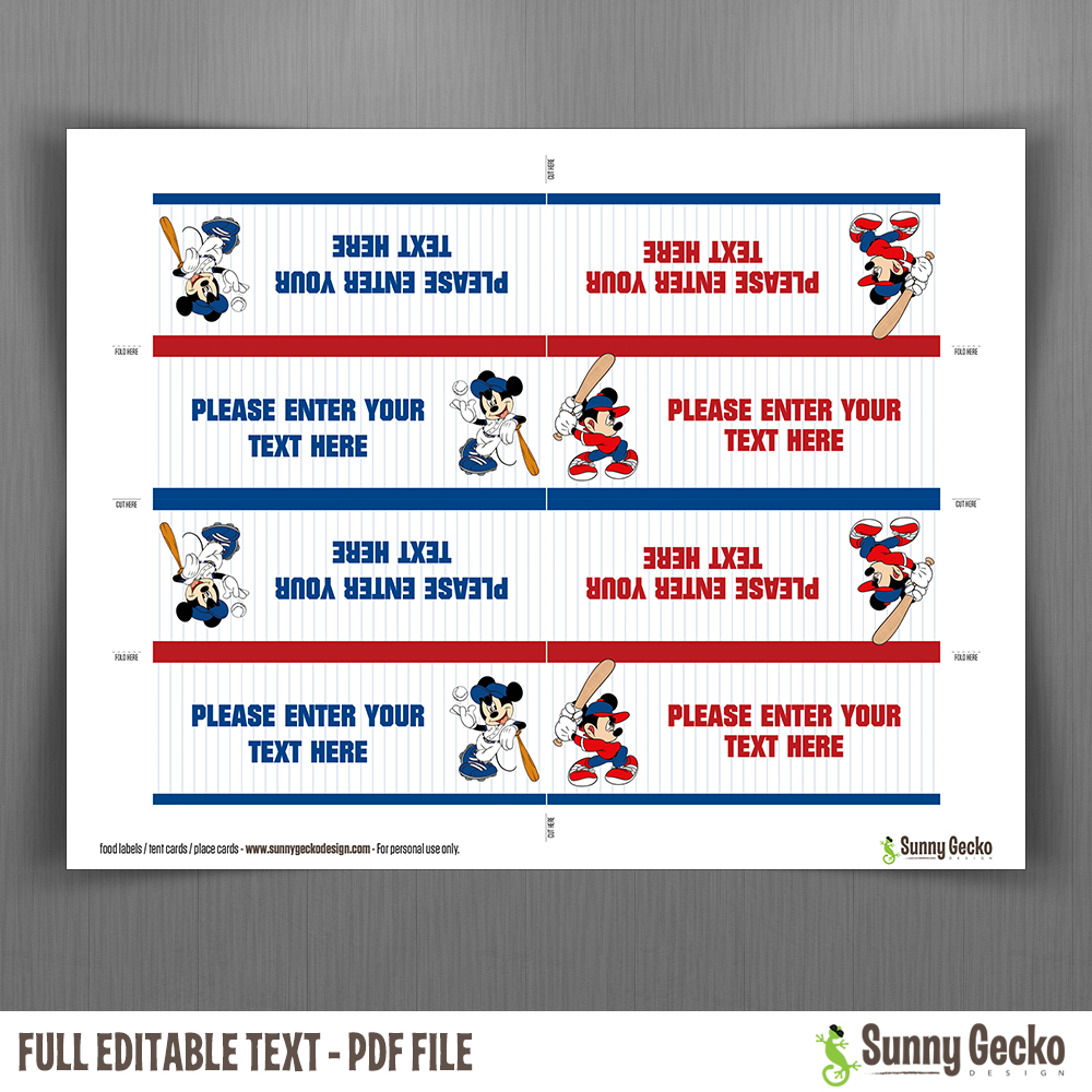 Mickey Mouse Baseball Birthday Tent Cards / Place Cards - Instant ...