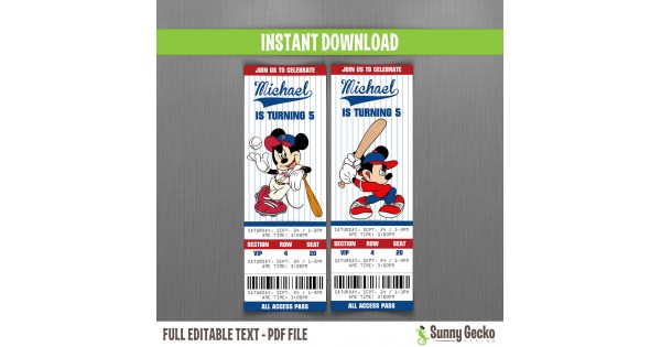 Disney Mickey Mouse Baseball Birthday Ticket Invitations - Instant ...